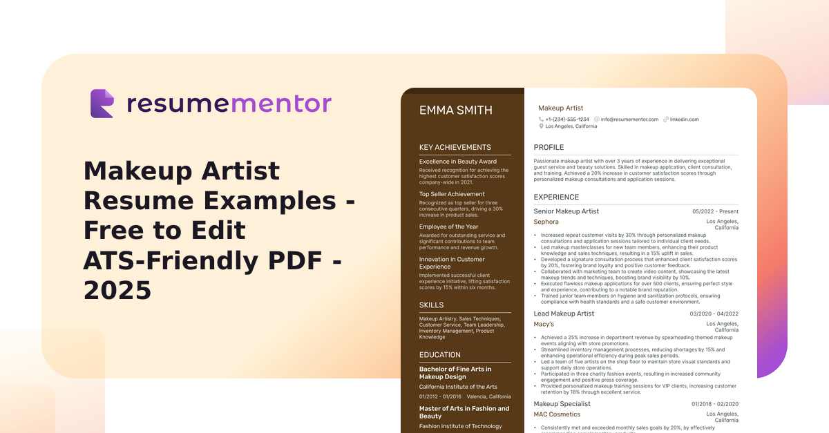 Makeup Artist Resume Examples - Free to Edit ATS-Friendly PDF - 2025