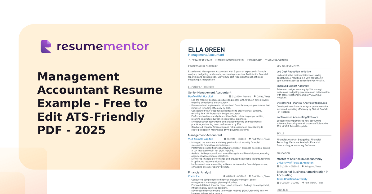 Management Accountant Resume Example - Free to Edit ATS-Friendly PDF - 2025