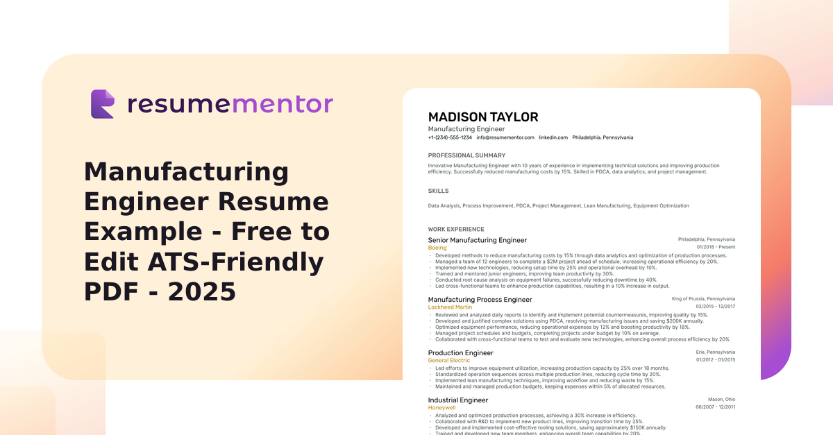 Manufacturing Engineer Resume Example - Free to Edit ATS-Friendly PDF ...
