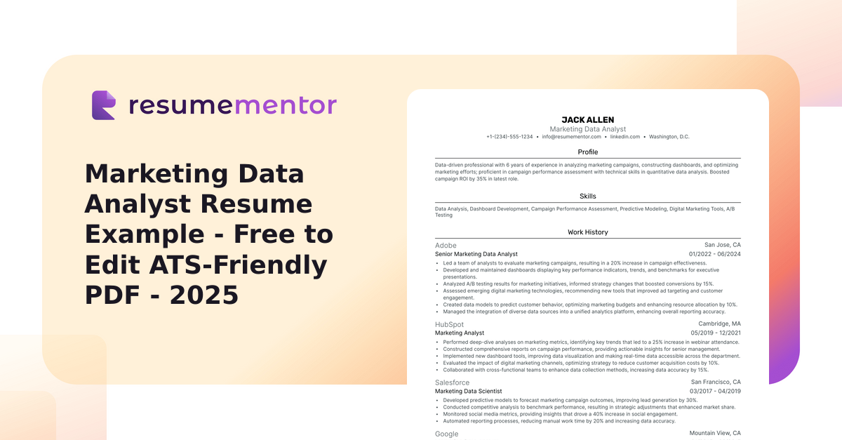 Marketing Data Analyst Resume Example - Free to Edit ATS-Friendly PDF ...