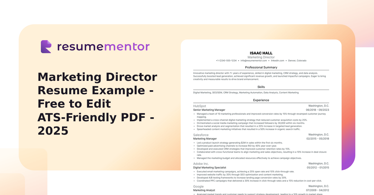 Marketing Director Resume Example - Free to Edit ATS-Friendly PDF - 2025