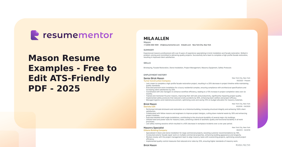 Mason Resume Examples - Free to Edit ATS-Friendly PDF - 2025