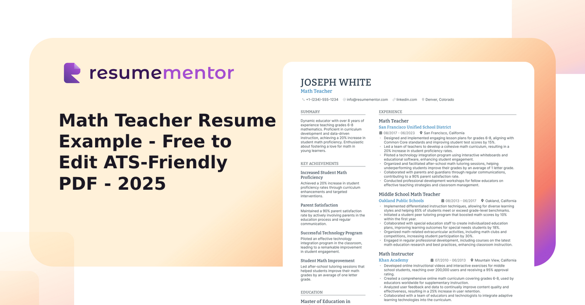 Math Teacher Resume Example - Free to Edit ATS-Friendly PDF - 2025