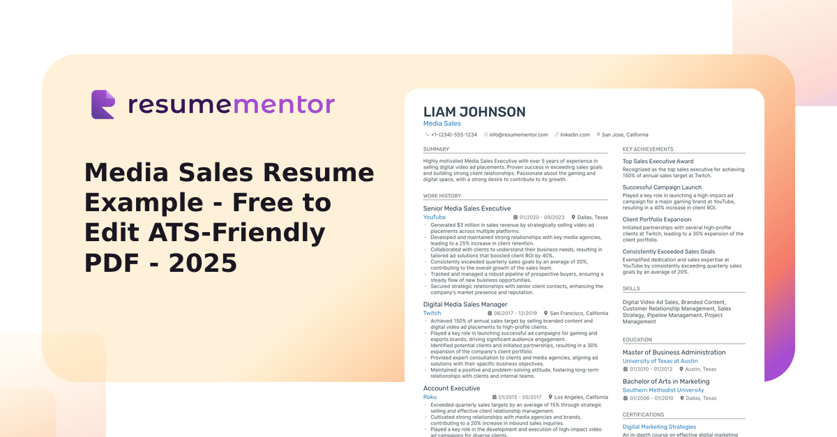 Media Sales Resume Example - Free to Edit ATS-Friendly PDF - 2025