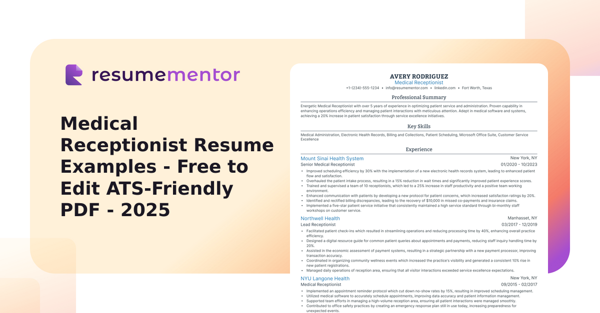 Medical Receptionist Resume Examples - Free to Edit ATS-Friendly PDF - 2025