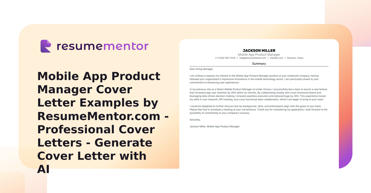 Mobile App Product Manager Cover Letter Examples by ResumeMentor.com ...
