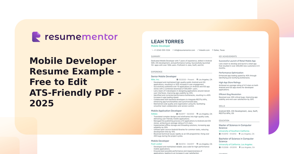 Mobile Developer Resume Example - Free to Edit ATS-Friendly PDF - 2025