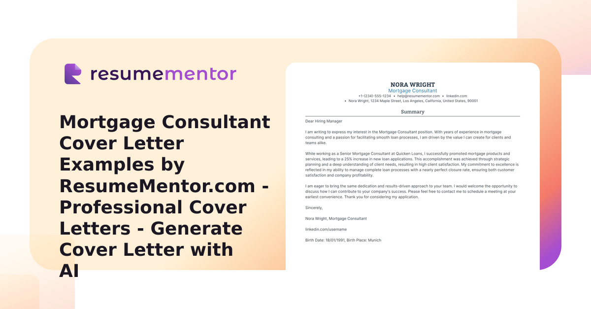 Mortgage Consultant Cover Letter Examples by ResumeMentor.com ...