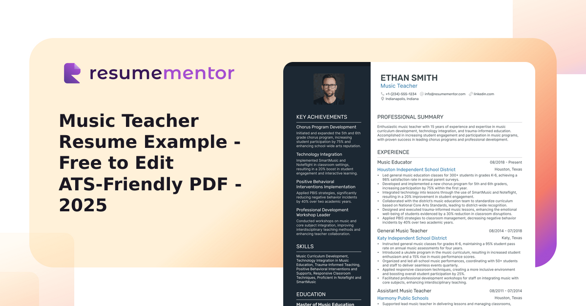 Music Teacher Resume Example - Free to Edit ATS-Friendly PDF - 2025