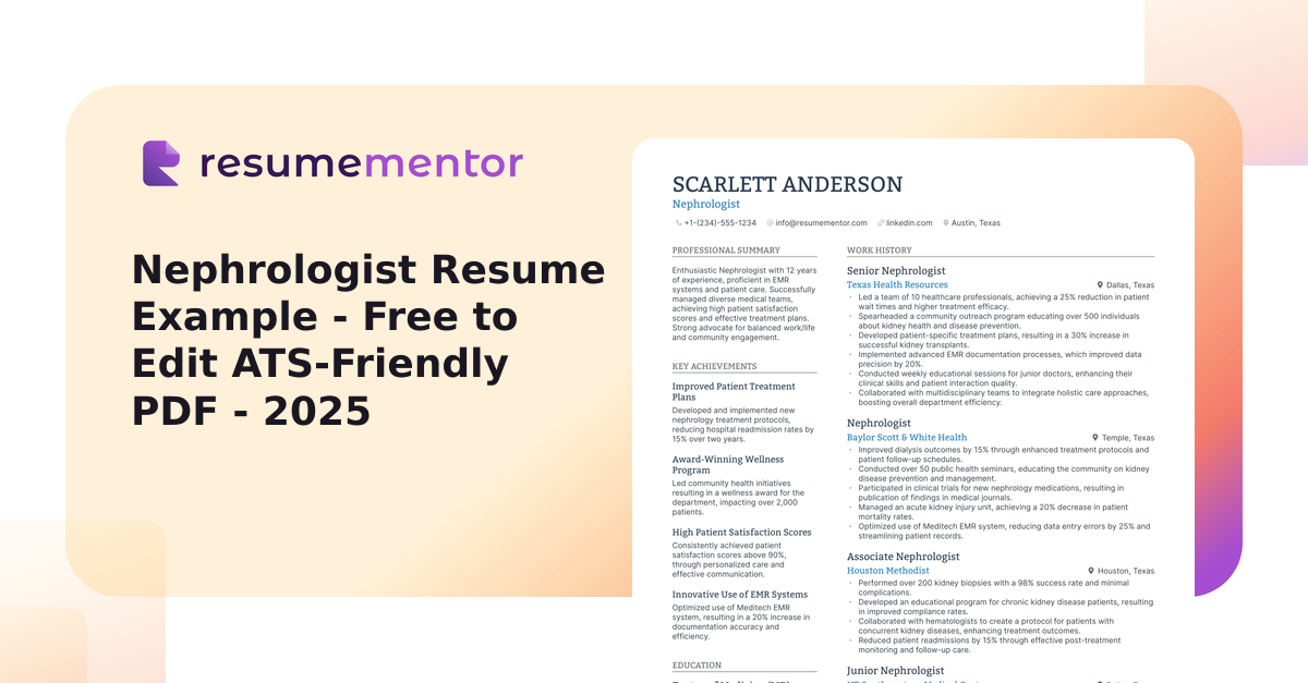 Nephrologist Resume Example - Free to Edit ATS-Friendly PDF - 2025