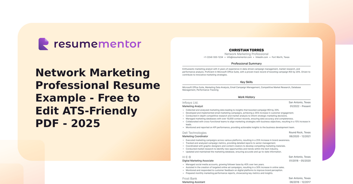 Network Marketing Professional Resume Example - Free to Edit ATS ...