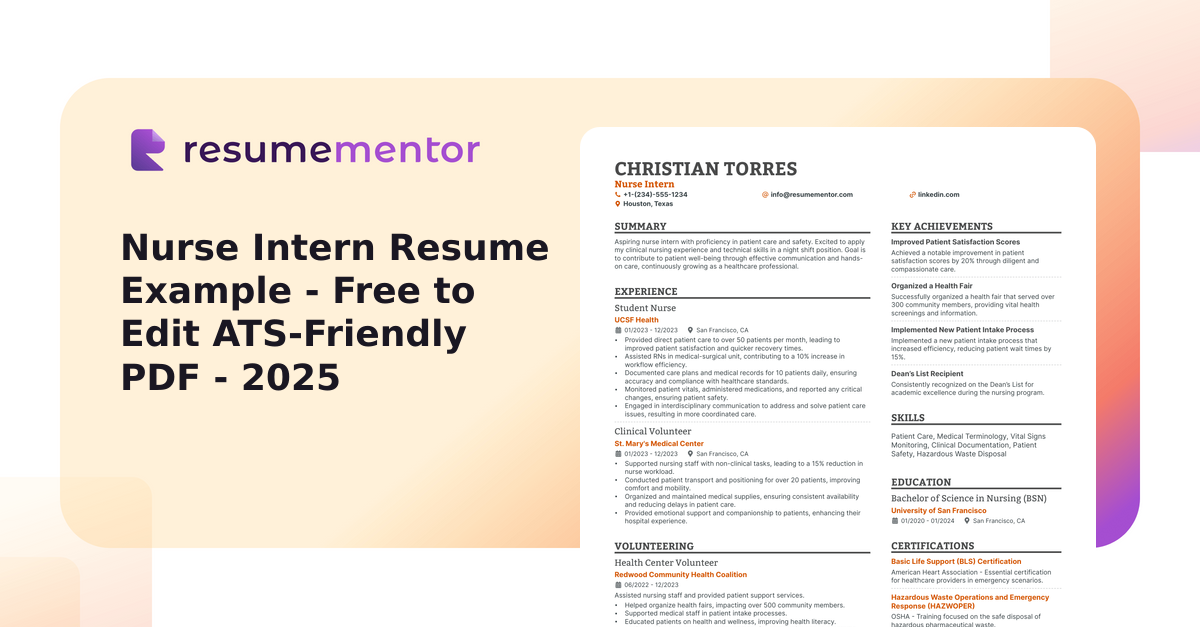 Nurse Intern Resume Example - Free to Edit ATS-Friendly PDF - 2025