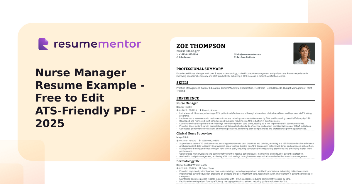 Nurse Manager Resume Example - Free to Edit ATS-Friendly PDF - 2025