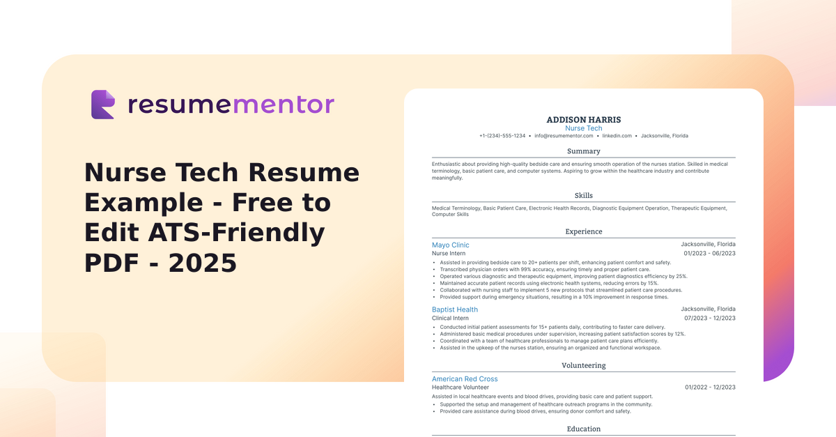 Nurse Tech Resume Example - Free to Edit ATS-Friendly PDF - 2025