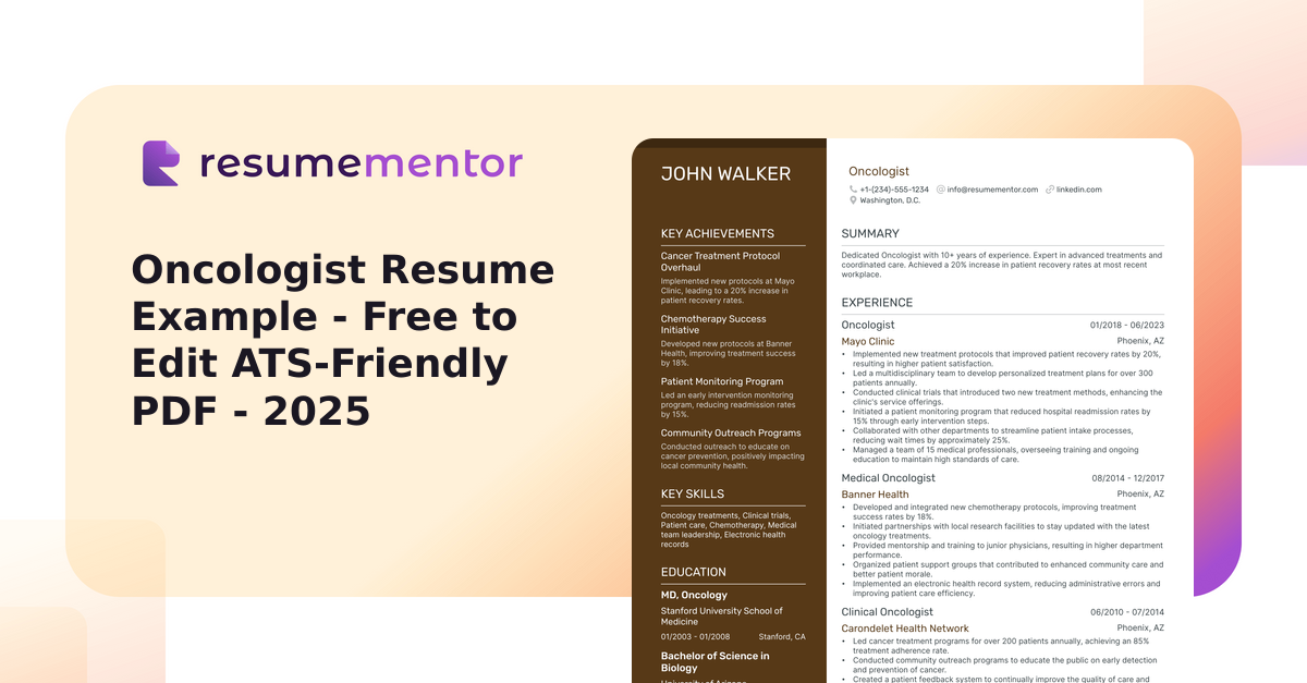 Oncologist Resume Example - Free to Edit ATS-Friendly PDF - 2025