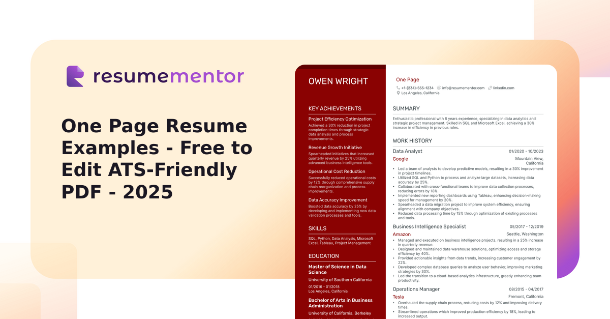 One Page Resume Examples - Free to Edit ATS-Friendly PDF - 2025