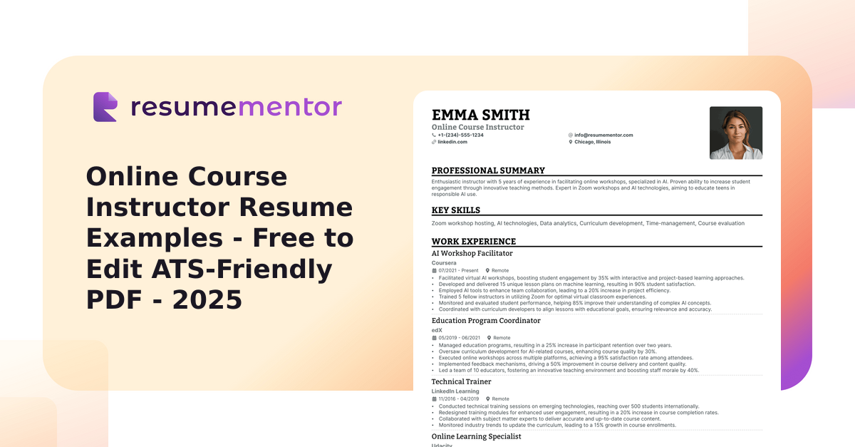 Online Course Instructor Resume Examples - Free to Edit ATS-Friendly ...