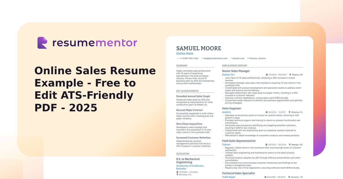 Online Sales Resume Example - Free to Edit ATS-Friendly PDF - 2025