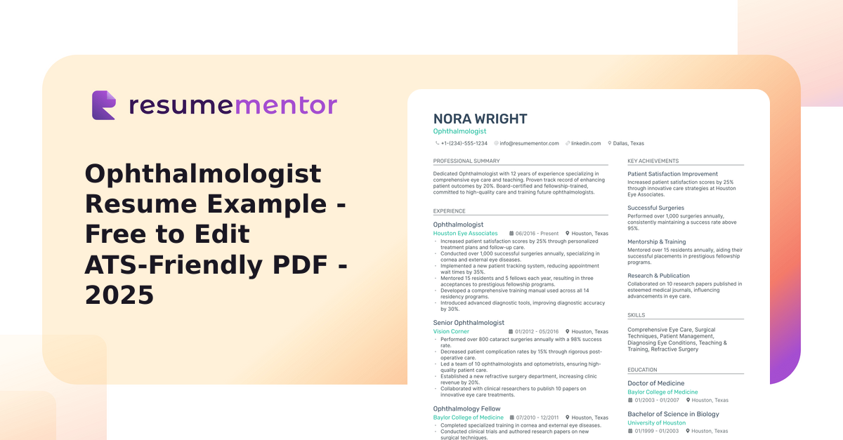 Ophthalmologist Resume Example - Free to Edit ATS-Friendly PDF - 2025