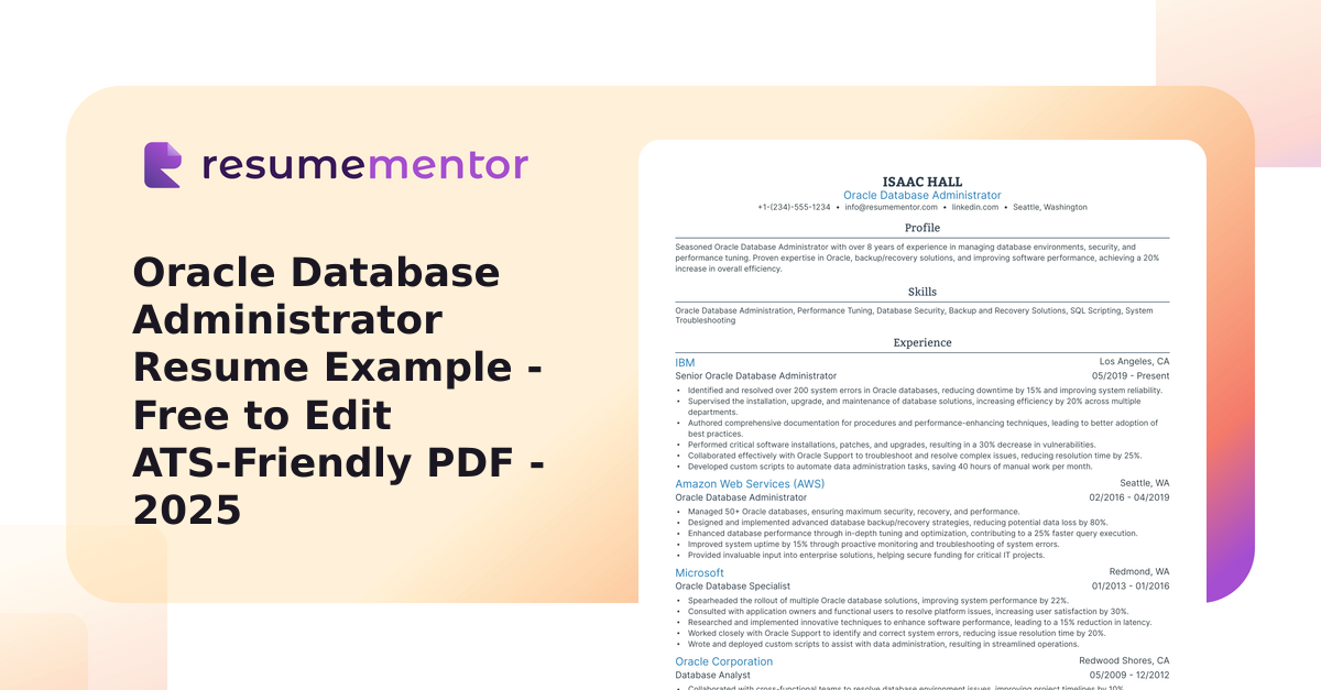 Oracle Database Administrator Resume Example - Free to Edit ATS-Friendly PDF - 2025
