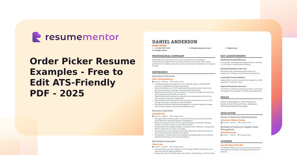 Order Picker Resume Examples - Free to Edit ATS-Friendly PDF - 2025
