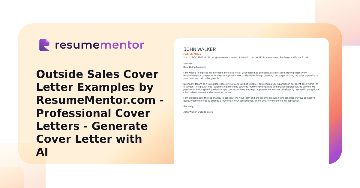 Outside Sales Cover Letter Examples by ResumeMentor.com - Professional ...