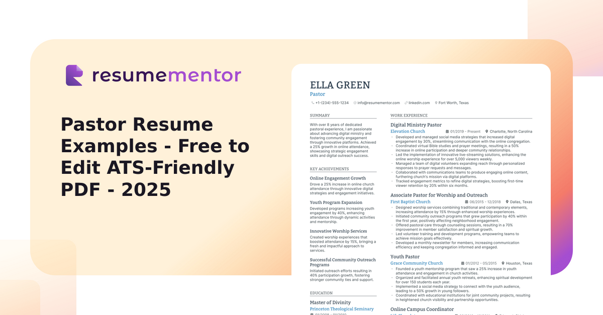 Pastor Resume Examples - Free to Edit ATS-Friendly PDF - 2025