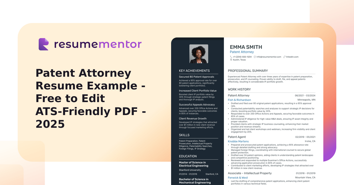 Patent Attorney Resume Example - Free to Edit ATS-Friendly PDF - 2025