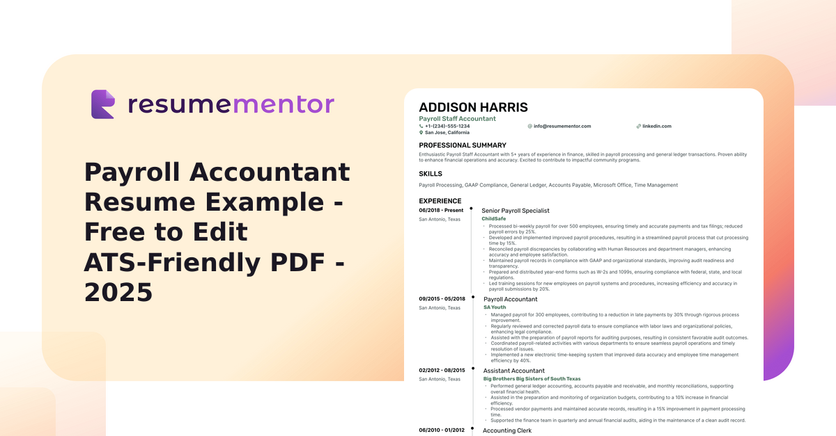 Payroll Accountant Resume Example - Free to Edit ATS-Friendly PDF - 2025