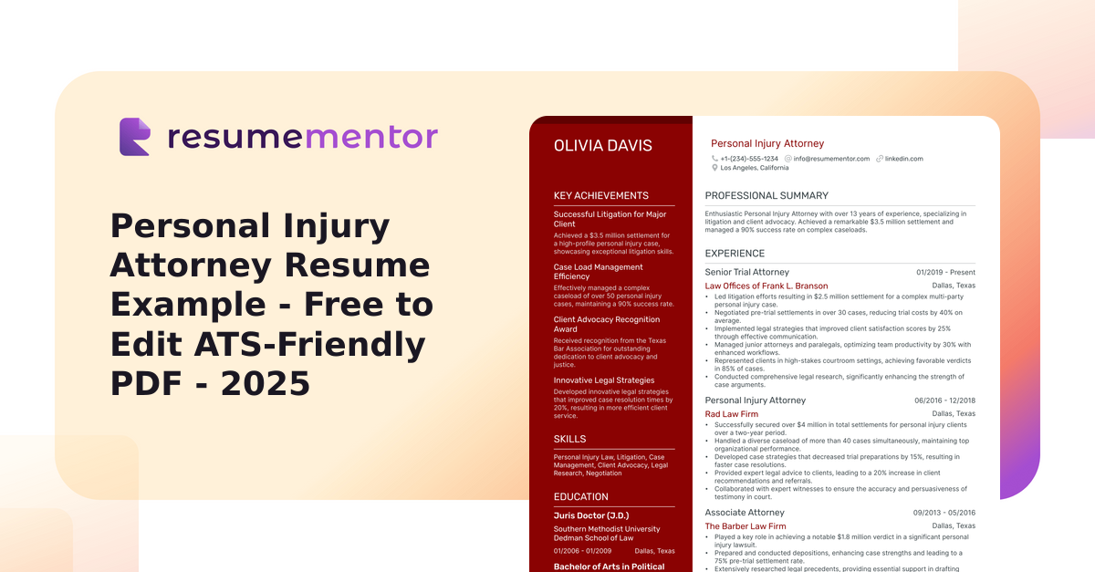Personal Injury Attorney Resume Example - Free to Edit ATS-Friendly PDF ...
