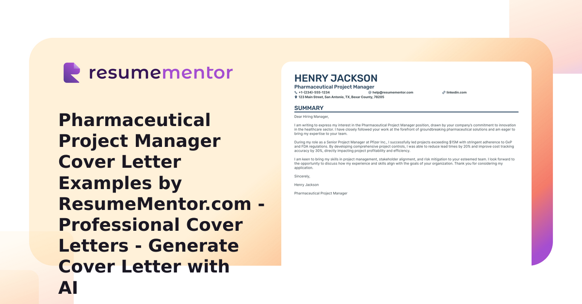 Pharmaceutical Project Manager Cover Letter Examples by ResumeMentor ...