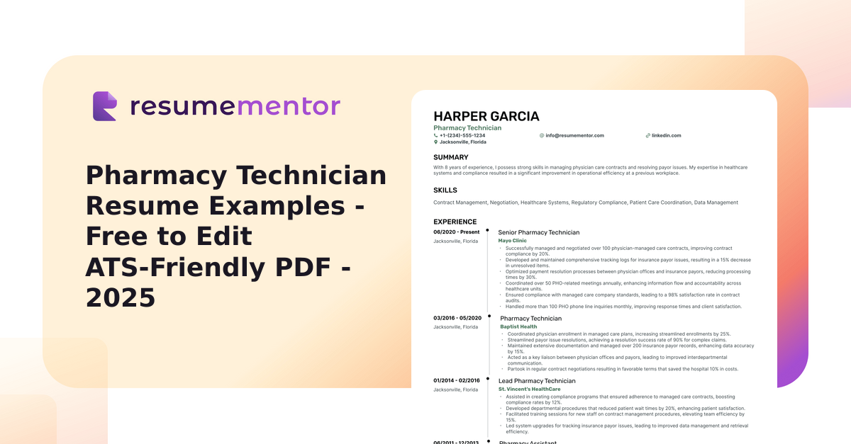 Pharmacy Technician Resume Examples - Free to Edit ATS-Friendly PDF - 2025