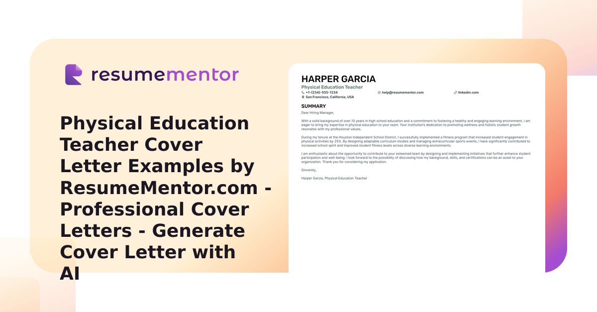 Physical Education Teacher Cover Letter Examples by ResumeMentor.com ...