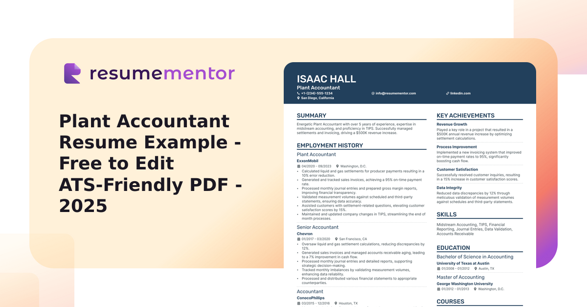 Plant Accountant Resume Example - Free to Edit ATS-Friendly PDF - 2025