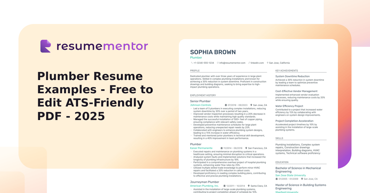 Plumber Resume Examples - Free to Edit ATS-Friendly PDF - 2025