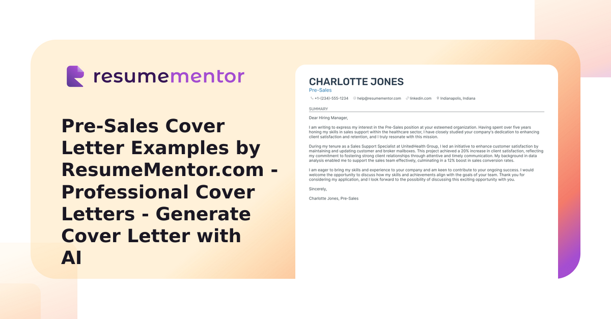 Pre-Sales Cover Letter Examples by ResumeMentor.com - Professional ...