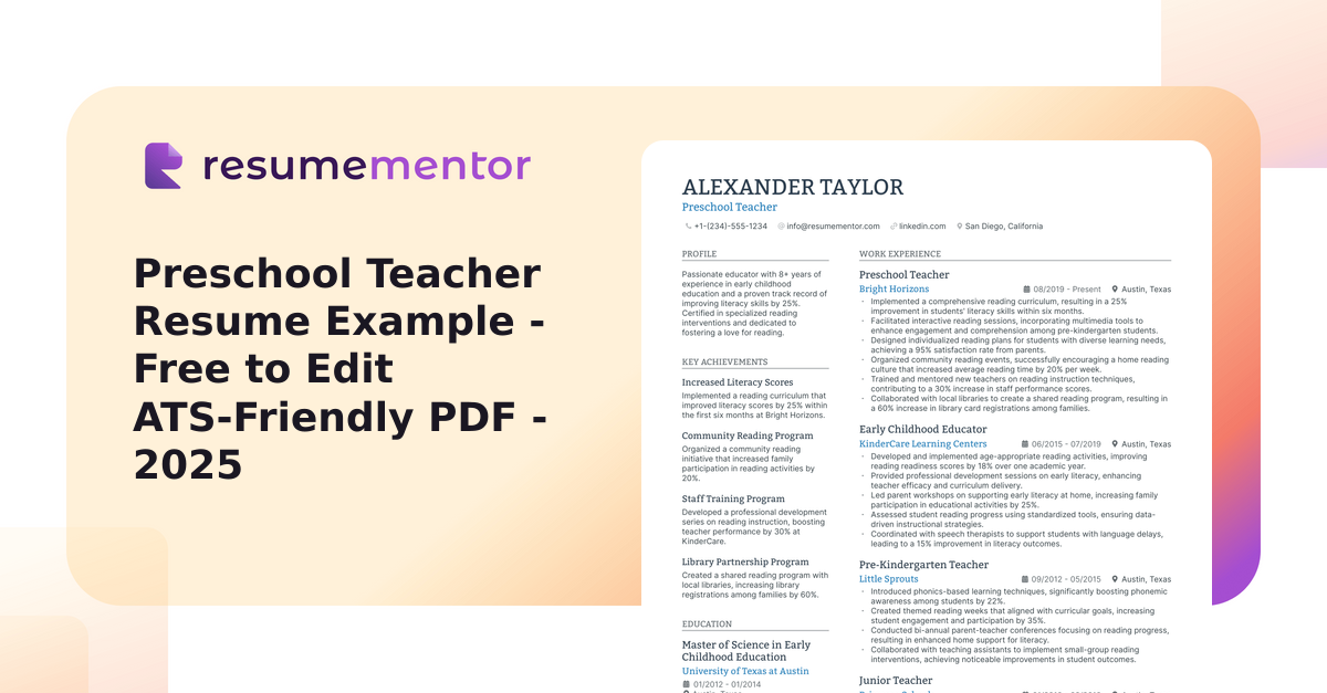 Preschool Teacher Resume Example - Free to Edit ATS-Friendly PDF - 2025