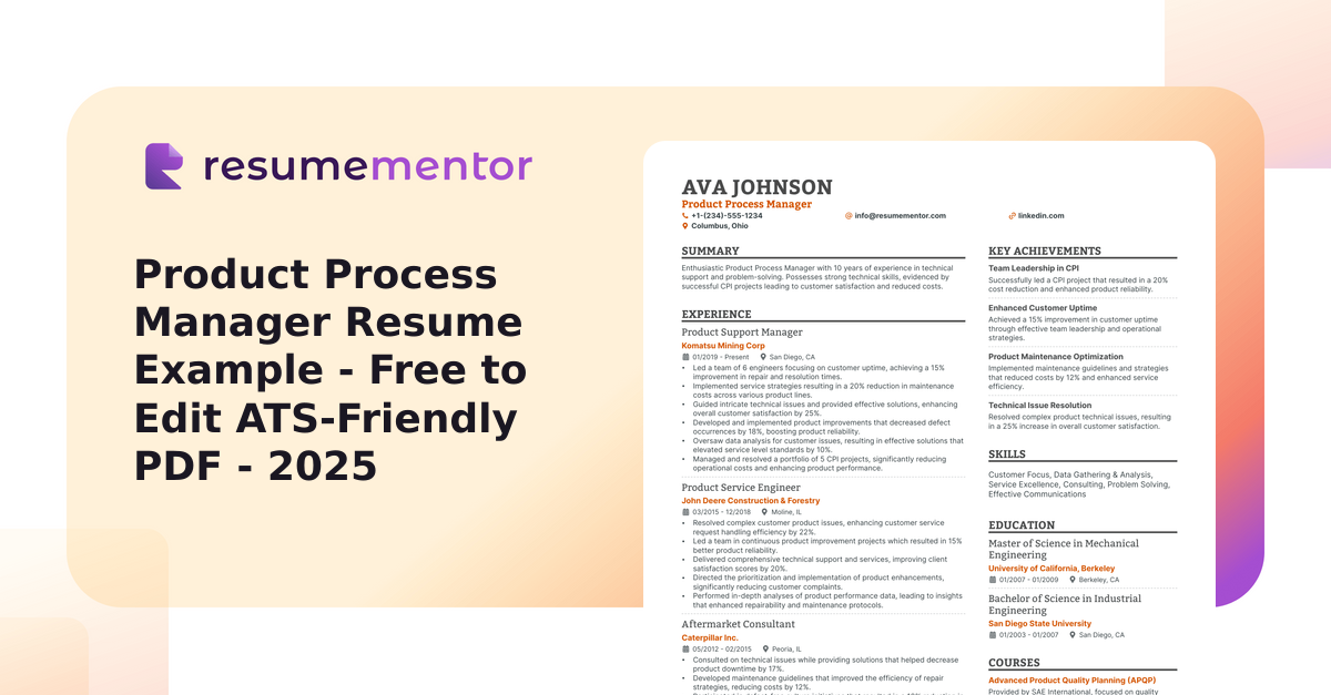 Product Process Manager Resume Example - Free to Edit ATS-Friendly PDF ...