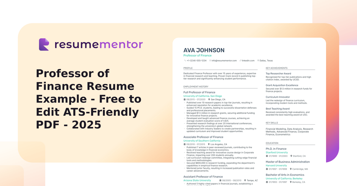 Professor of Finance Resume Example - Free to Edit ATS-Friendly PDF - 2025