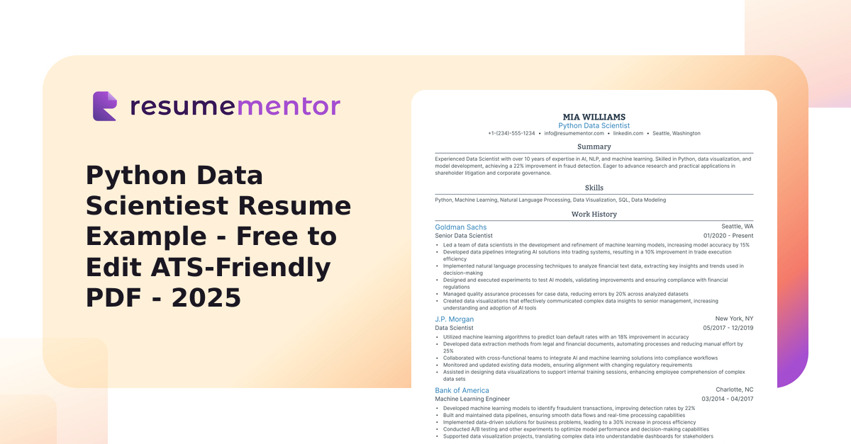 Python Data Scientiest Resume Example - Free to Edit ATS-Friendly PDF - 2025