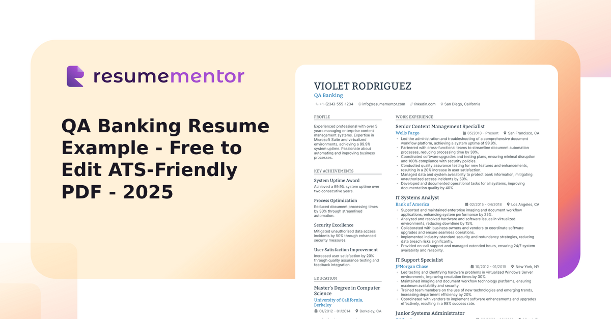 QA Banking Resume Example - Free to Edit ATS-Friendly PDF - 2025