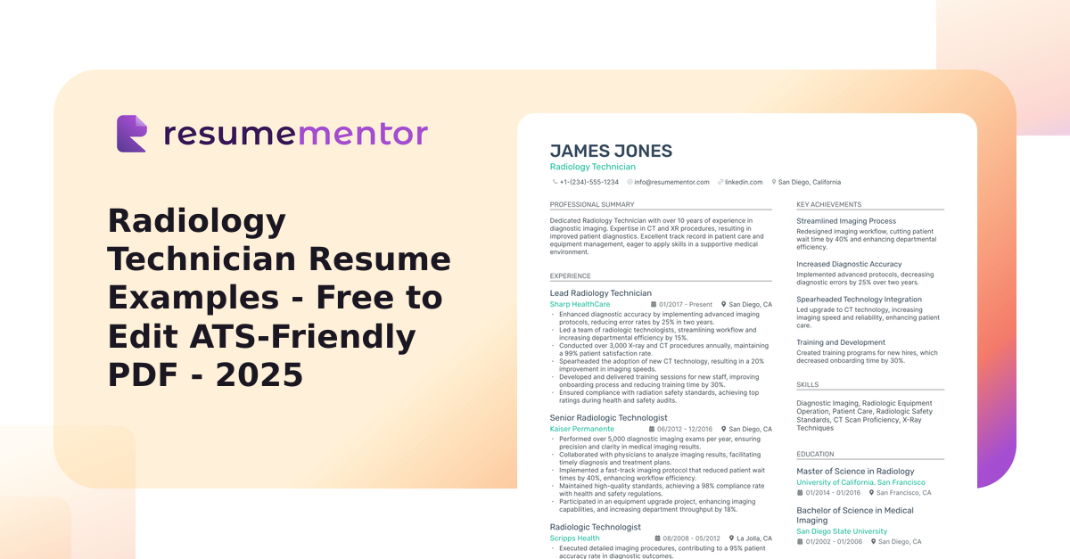 Radiology Technician Resume Examples - Free to Edit ATS-Friendly PDF - 2025