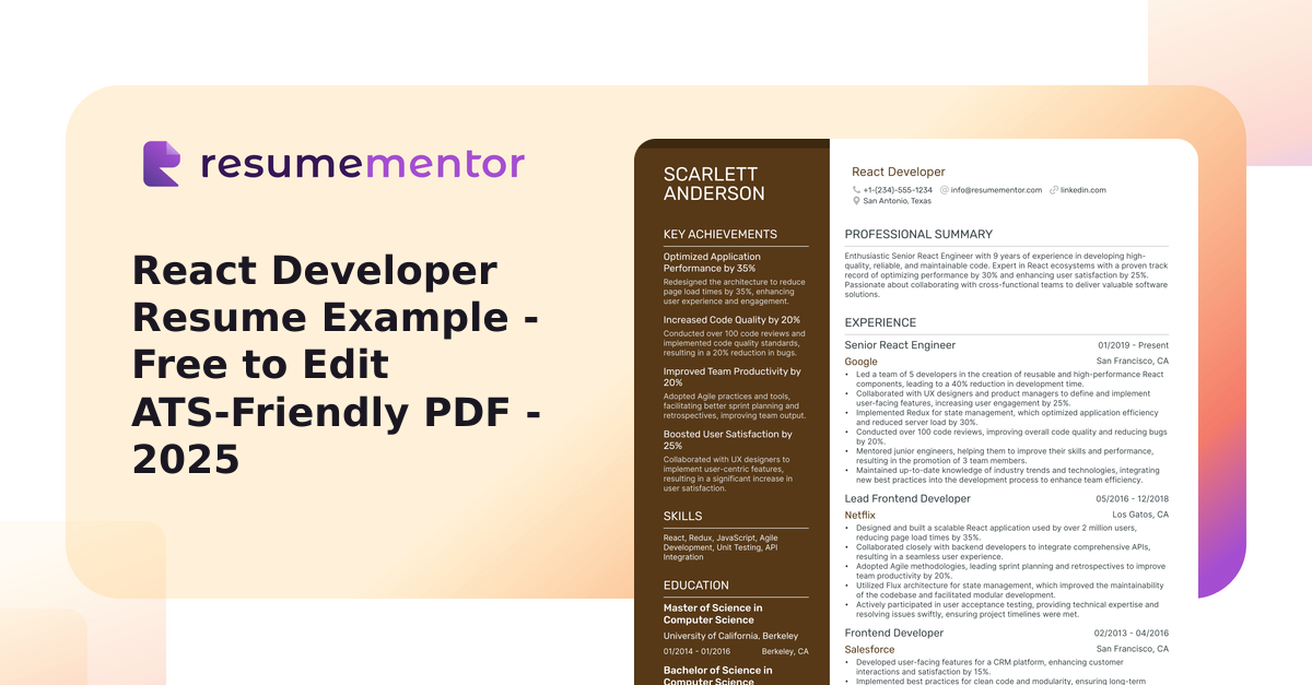 React Developer Resume Example - Free to Edit ATS-Friendly PDF - 2025