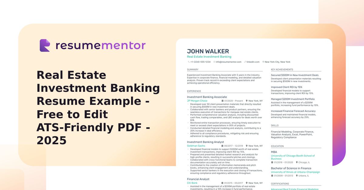 Real Estate Investment Banking Resume Example - Free to Edit ATS ...
