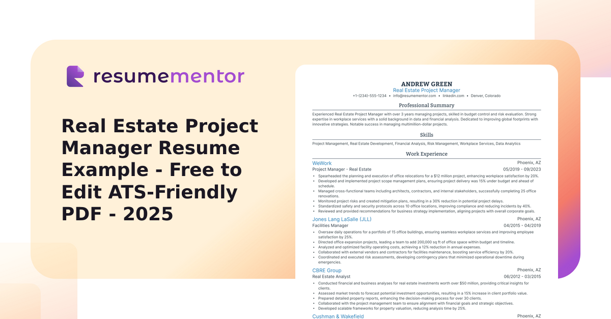 Real Estate Project Manager Resume Example - Free to Edit ATS-Friendly ...