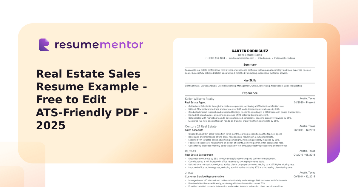 Real Estate Sales Resume Example - Free to Edit ATS-Friendly PDF - 2025
