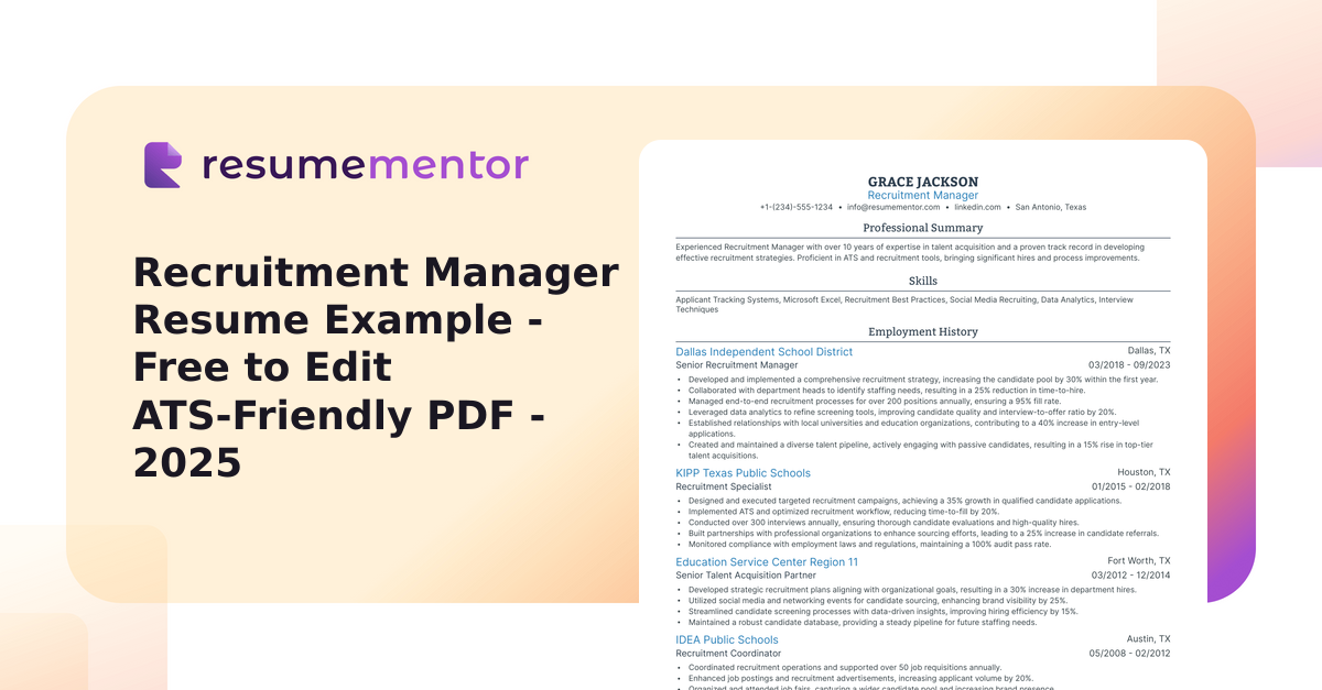 Recruitment Manager Resume Example - Free to Edit ATS-Friendly PDF - 2025