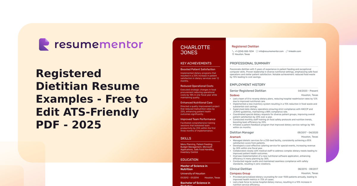 Registered Dietitian Resume Examples - Free to Edit ATS-Friendly PDF - 2025