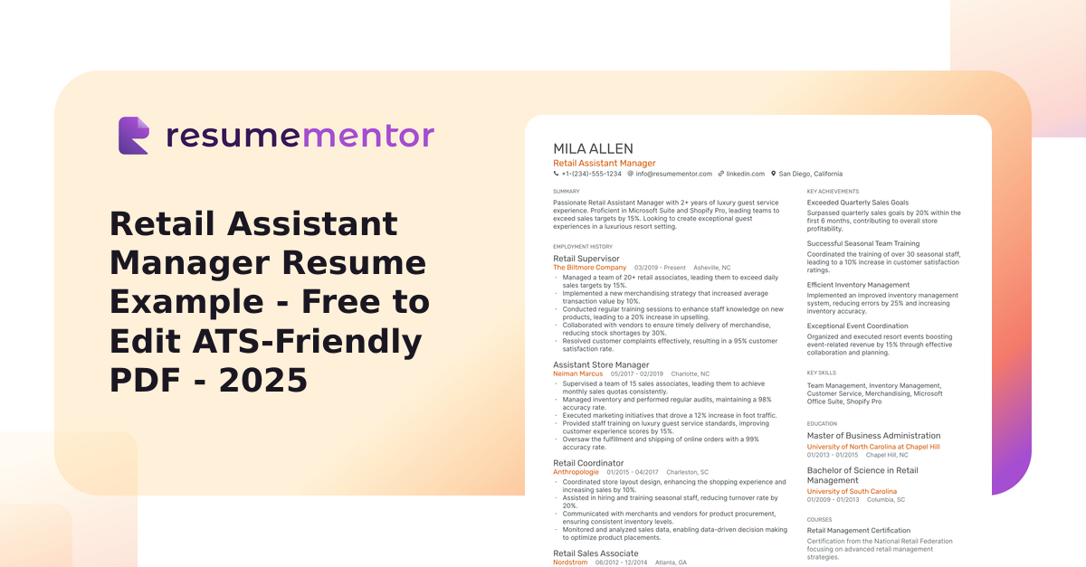Retail Assistant Manager Resume Example - Free to Edit ATS-Friendly PDF ...