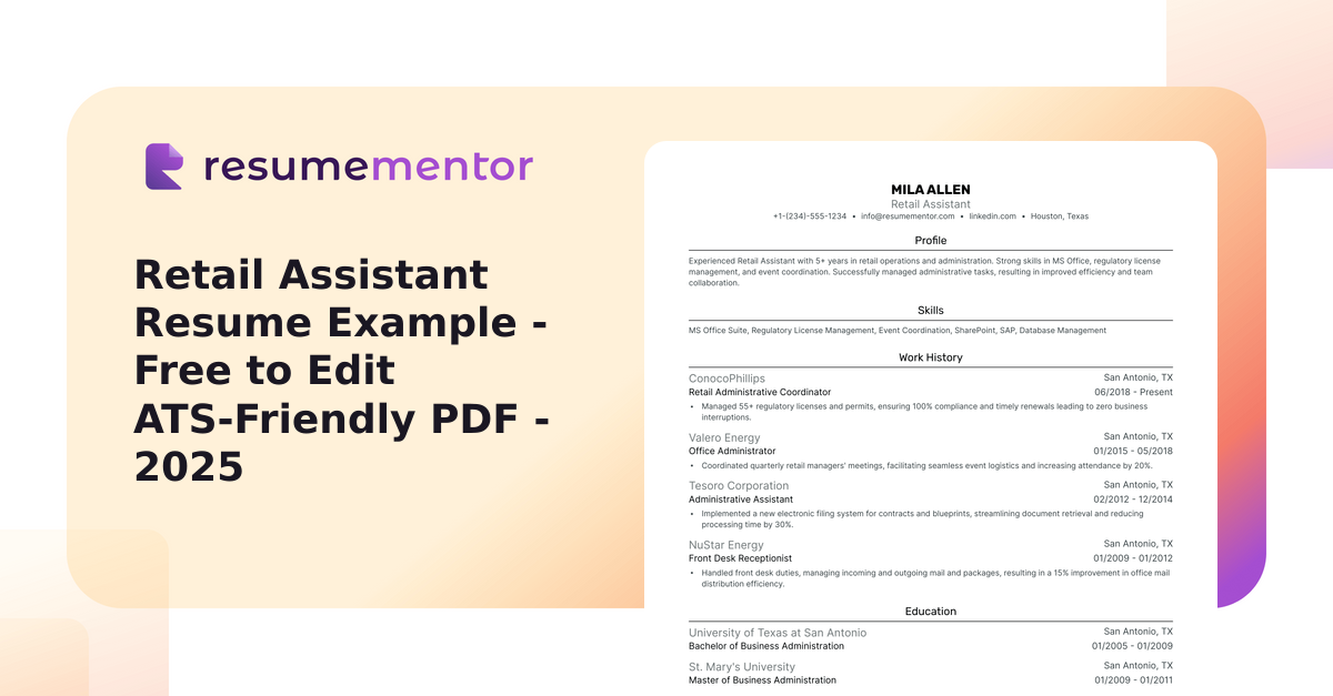 Retail Assistant Resume Example - Free to Edit ATS-Friendly PDF - 2025
